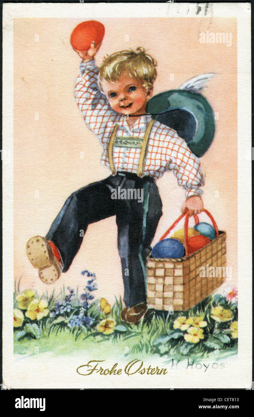 Easter postcard printed in Austria, shows a happy little boy with a ...