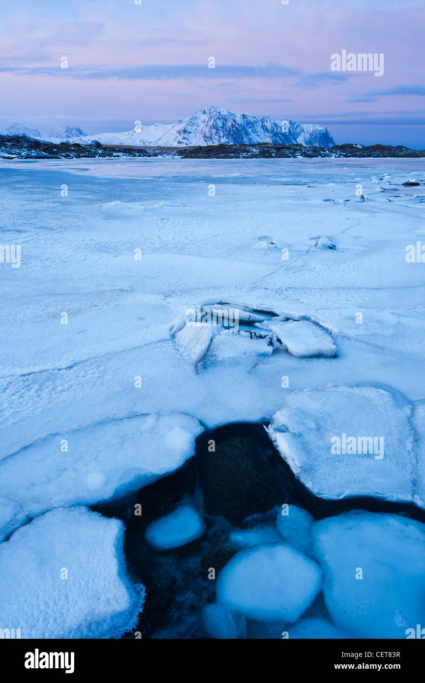 Partially frozen coastline at dawn, Lofoten Islands, Norway Stock Photo ...