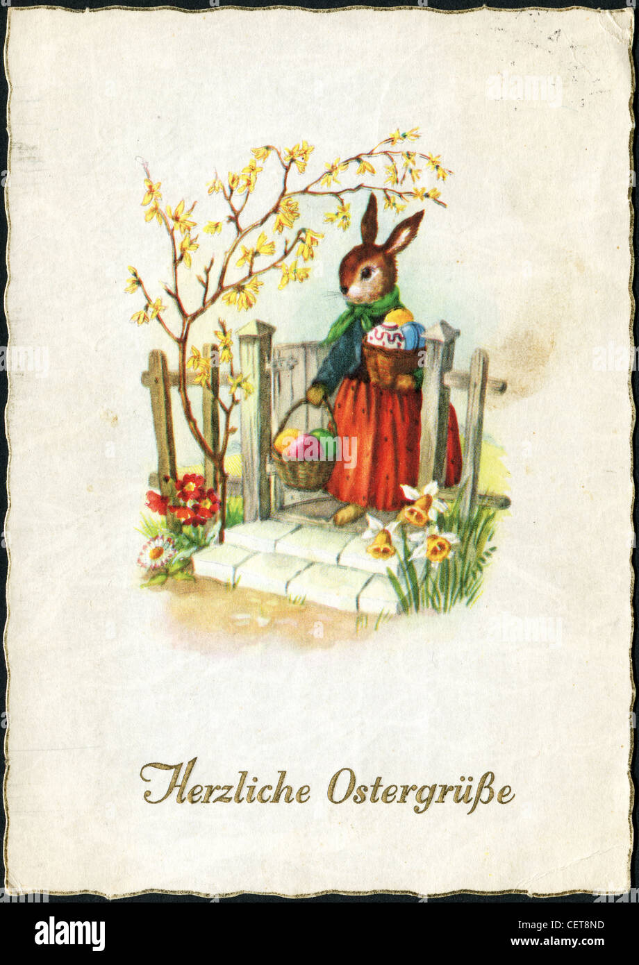 GERMANY -CIRCA 1962: Easter postcard printed in Germany, shows a rabbit ...