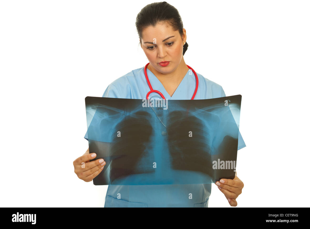 Radiologist woman reading X-ray isolated on white background Stock ...
