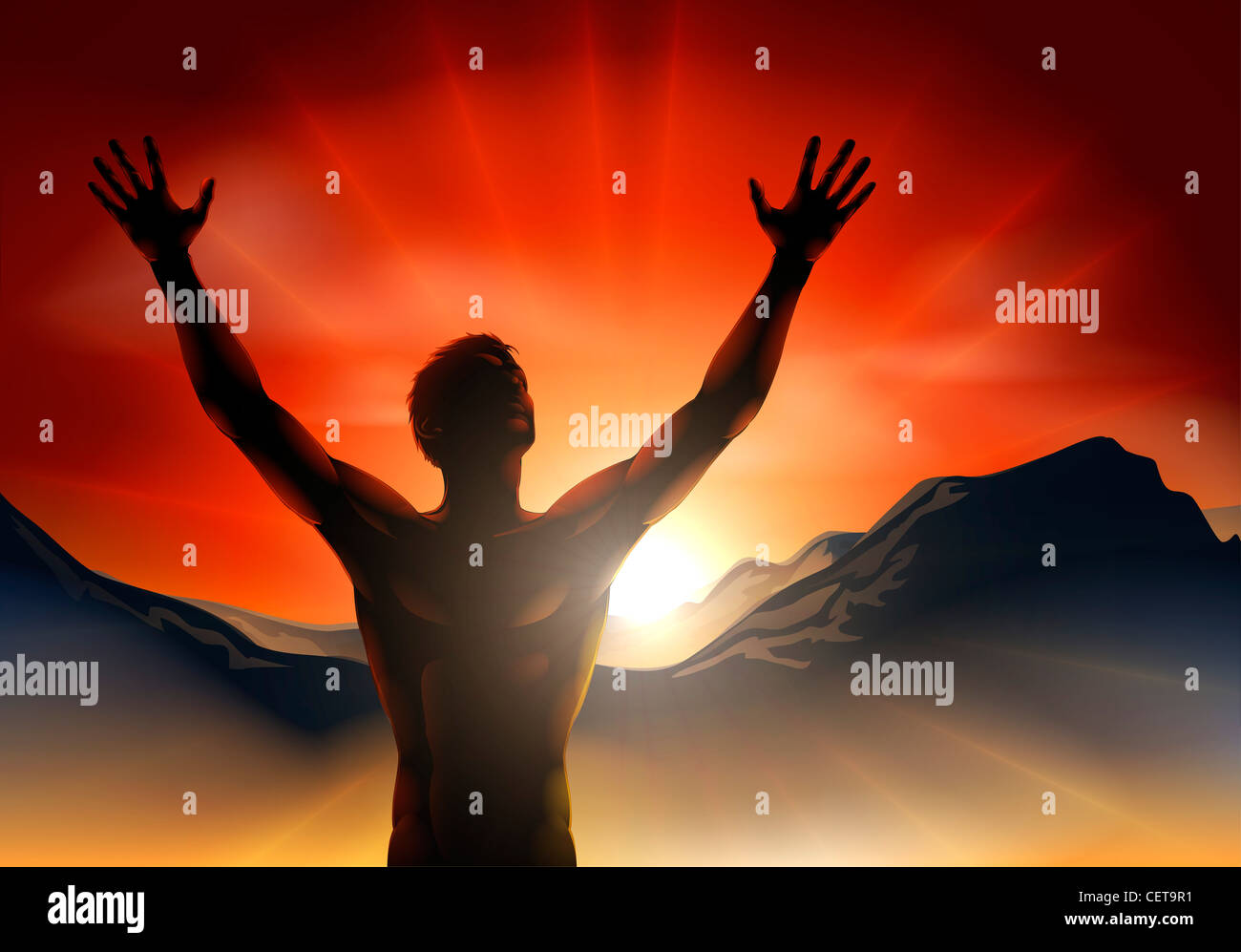 A man at sunrise or sunset with hands raised and sun rising over ...