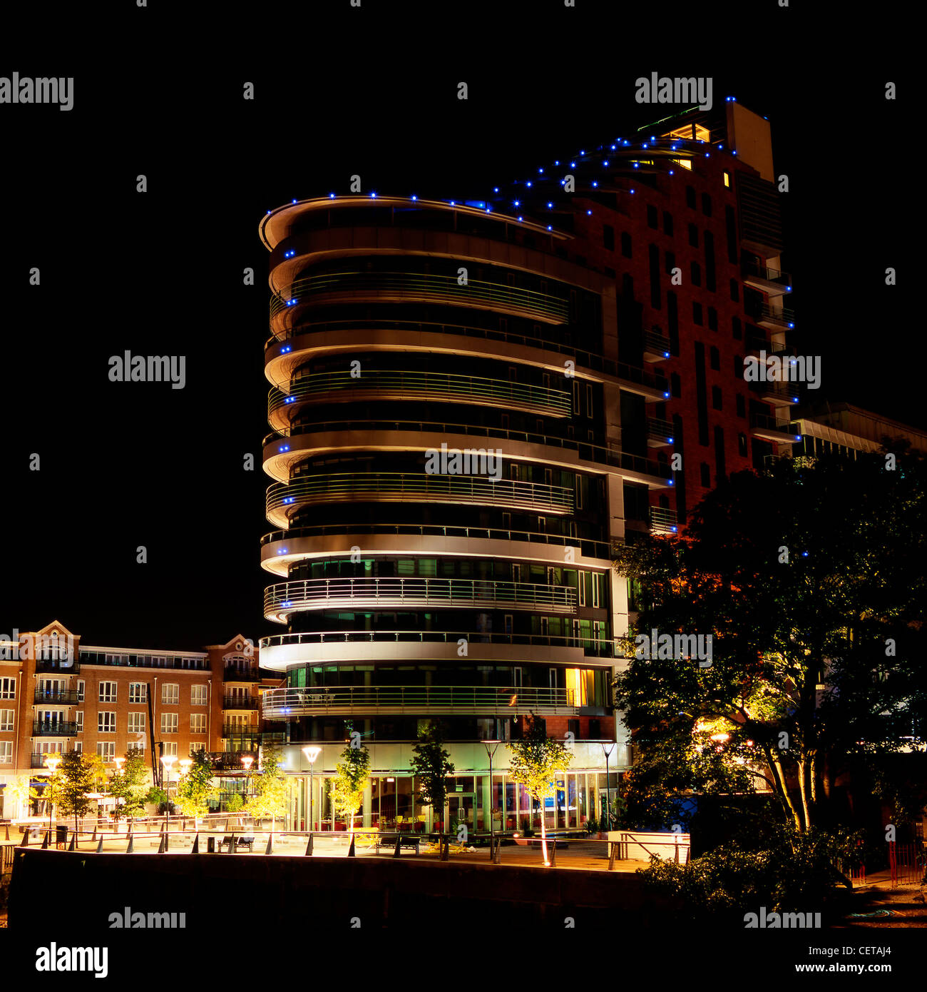 Putney Wharf at night. Originally the ICL Tower, it was redeveloped and ...