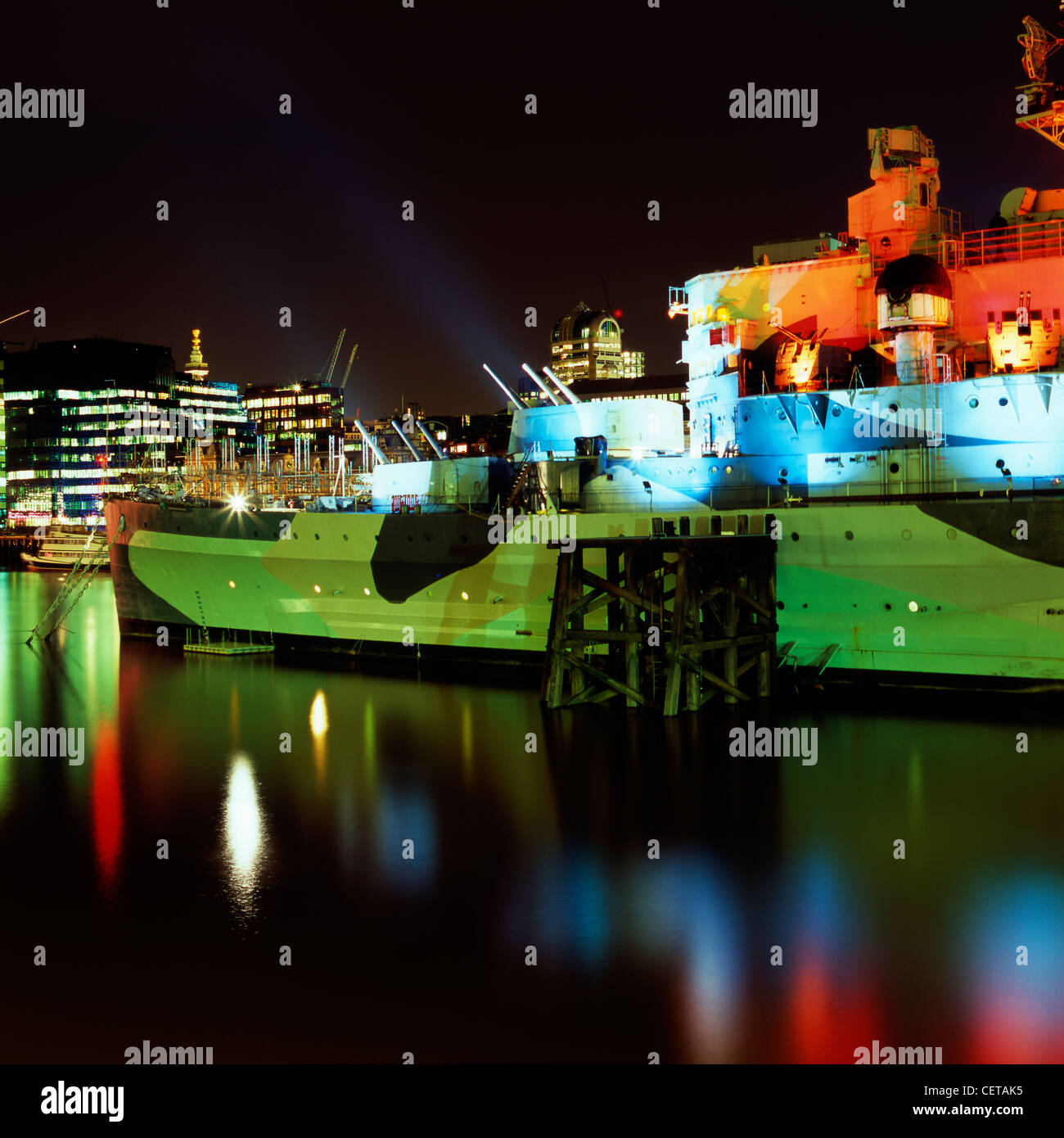HMS Belfast at night. HMS Belfast is a light cruiser, launched on St ...