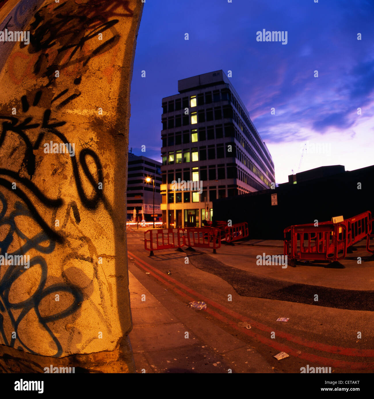 An office block at night on Holywell Lane in the East End of London ...
