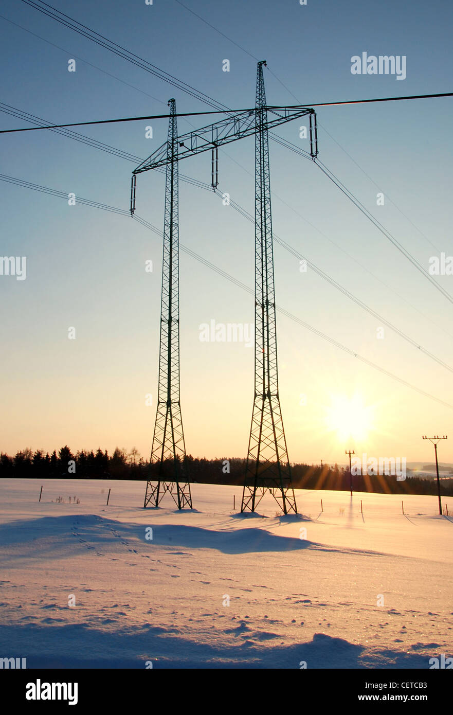 Winter landscape with power line Stock Photo - Alamy