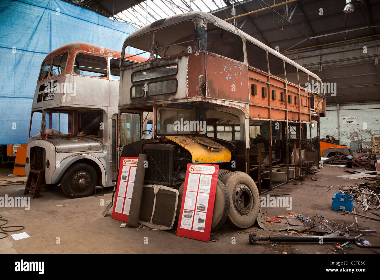 UK, Wales, Swansea, Docks, Bus Museum, double decker buses in mid ...
