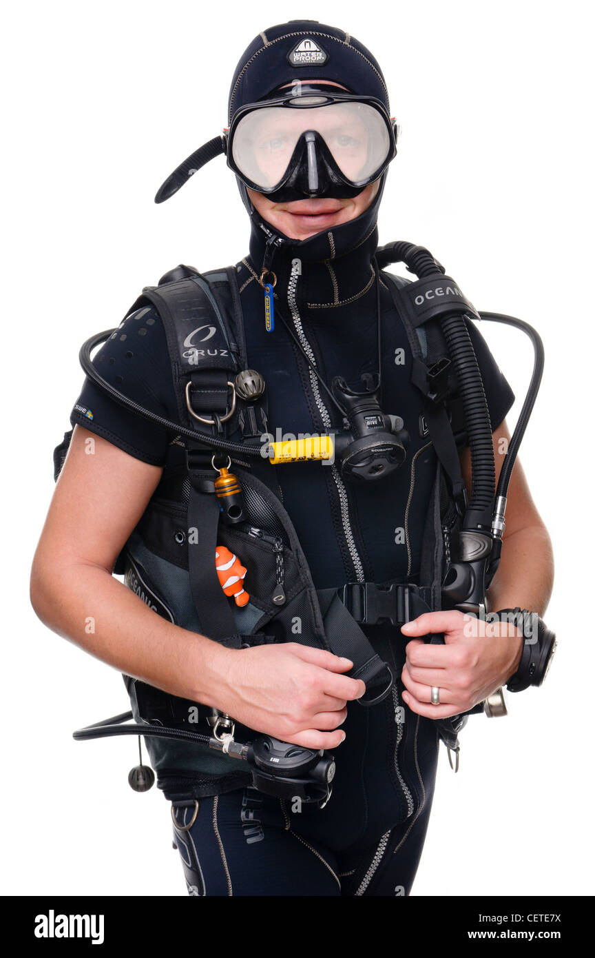Diver in front of white background Stock Photo - Alamy