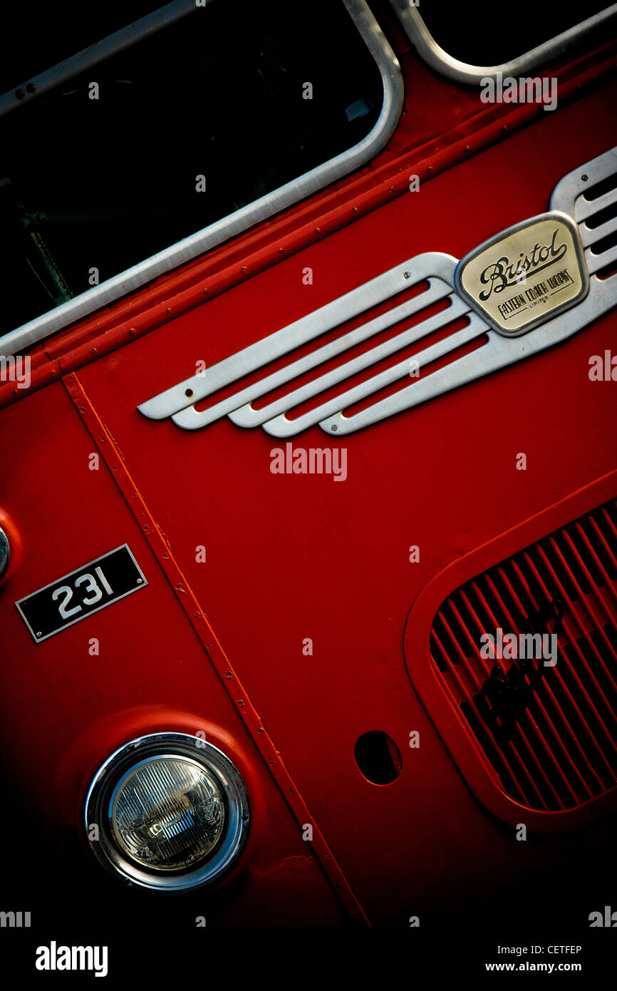 A close up of the front of a vintage red Bristol bus in Ripon Stock ...