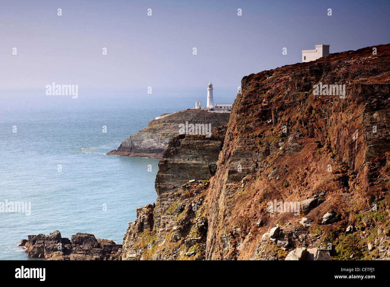 A view from the cliff top to South Stack Lighthouse at Holyhead Stock ...