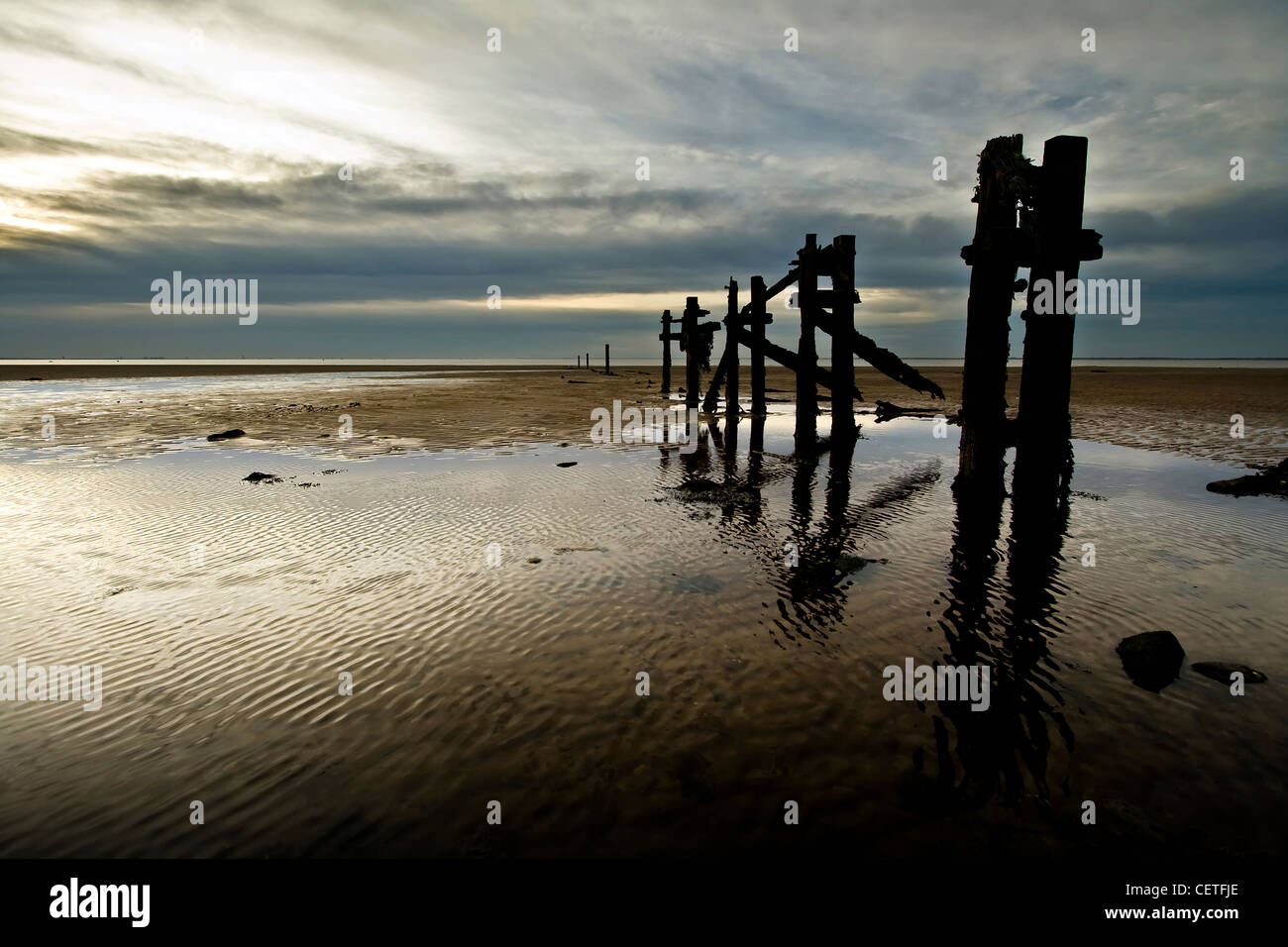 View of old water breakers and the sandy beach at Spurn Point Stock ...