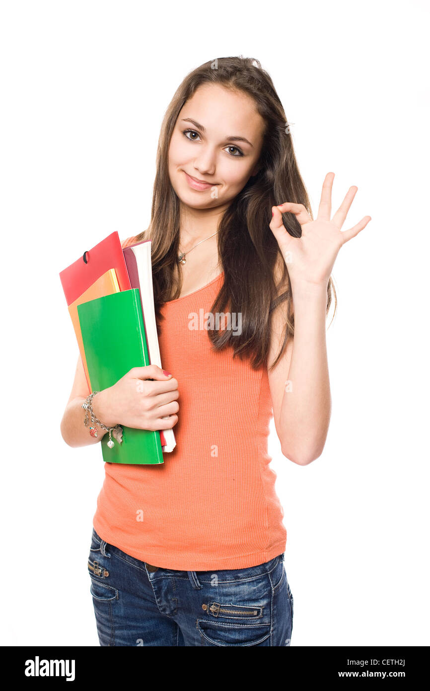 Doing fine here, half length portrait of beautiful young student girl ...