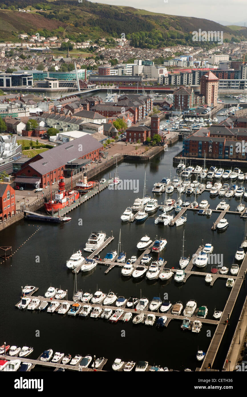 UK, Wales, Swansea, aerial view of Maritime Quarter from Meridian Tower ...