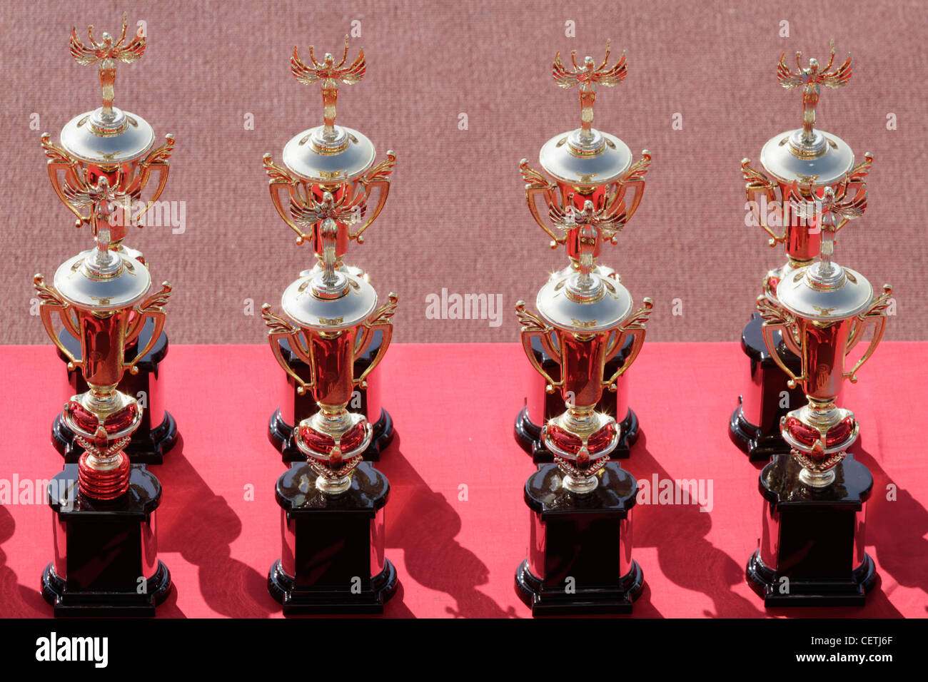 Row of champion cups display in athletic field Stock Photo - Alamy