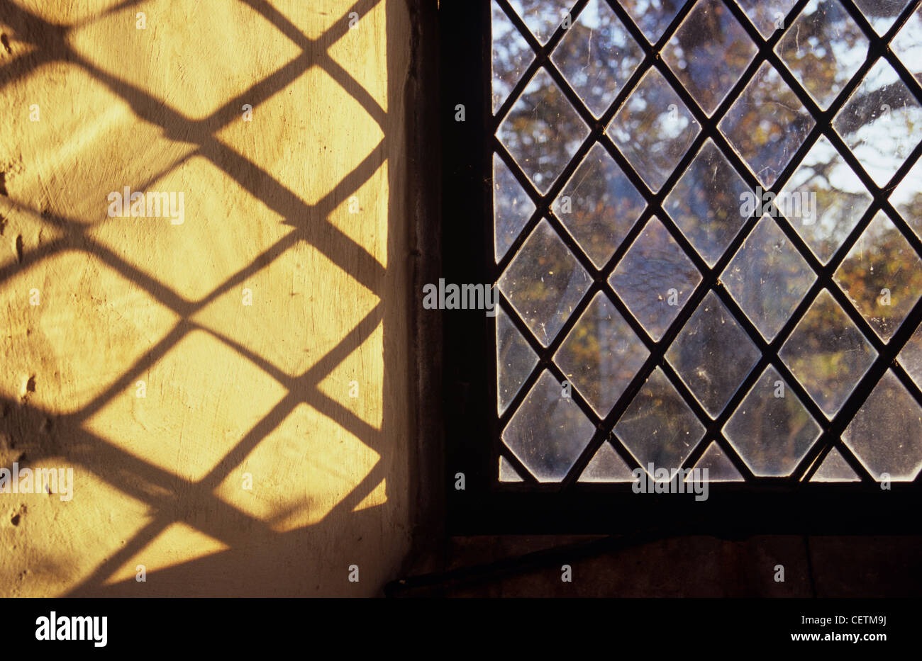 Detail of diamond-leaded window casting shadow on wall with brown ...