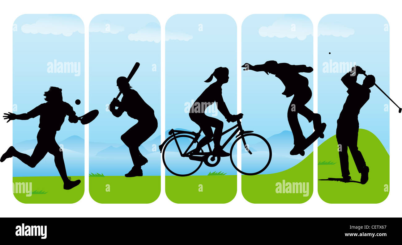 Leisure sport silhouettes on abstract background Stock Photo - Alamy