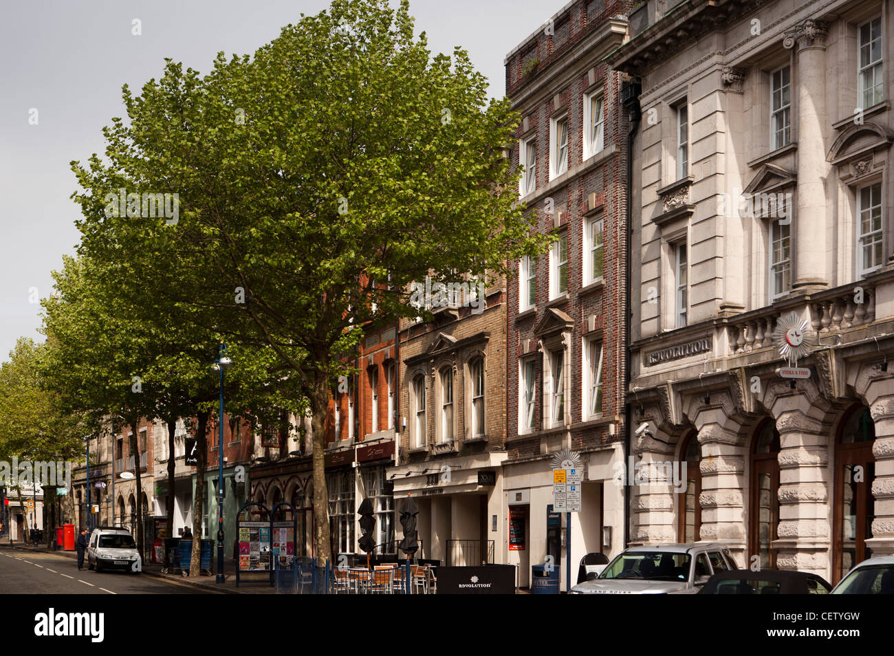UK, Wales, Swansea, City Centre, Wind Street, Victorian shops built on ...