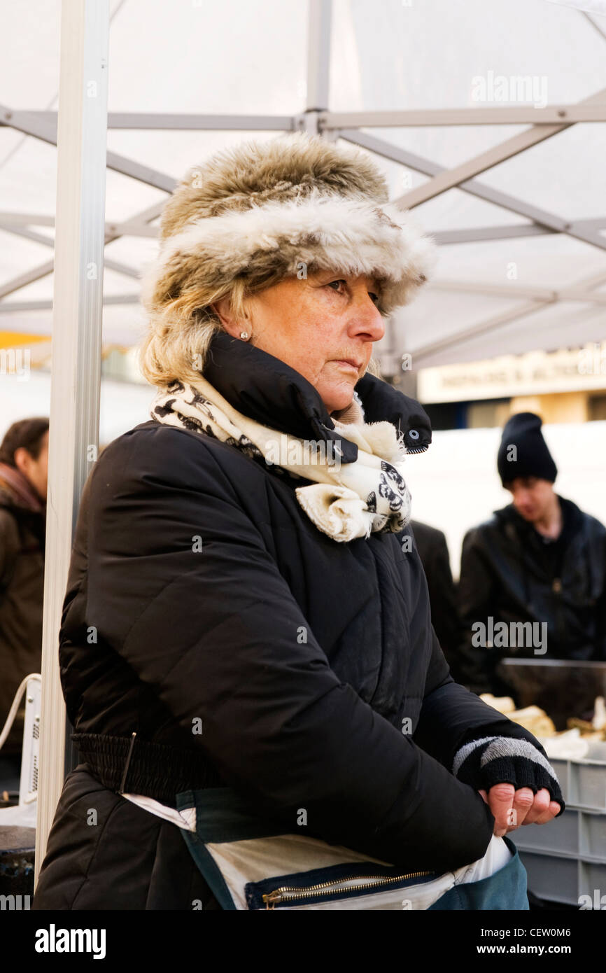 Portobello Road Street Market London elderly female vendor stall holder ...
