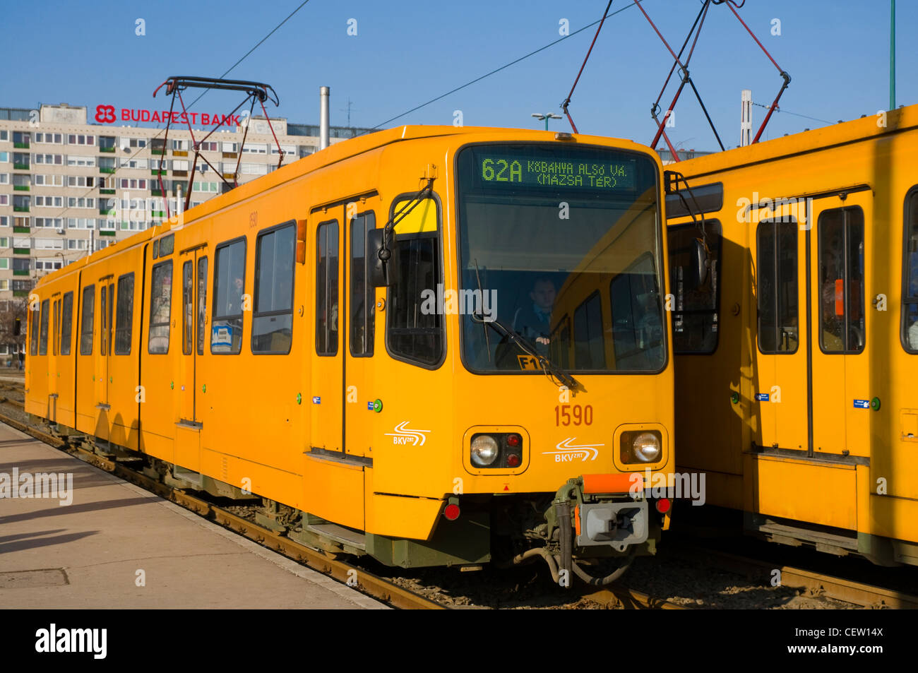 two trams passing each other in Budapest. Sunshine Stock Photo - Alamy