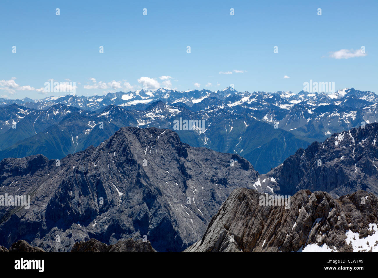 Scenic mountain view from the summit of Zugspitze, Wettersteingebirge ...