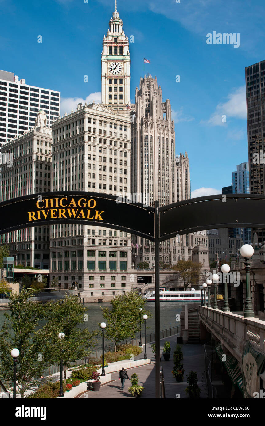 Chicago Riverwalk with Wrigley Building and Tribune Tower Stock Photo ...