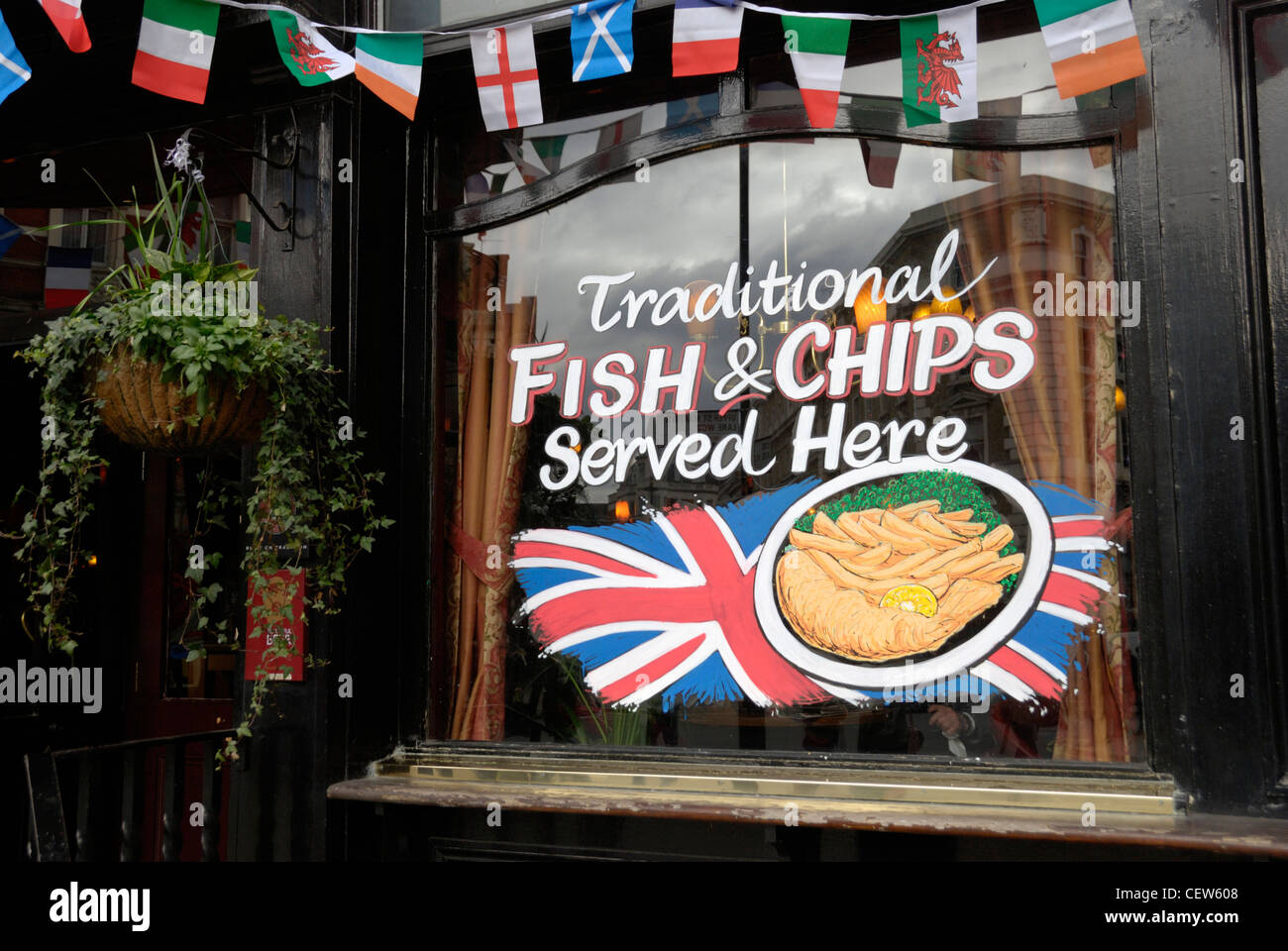 Traditional Fish and Chips sign outside a London pub Stock Photo - Alamy
