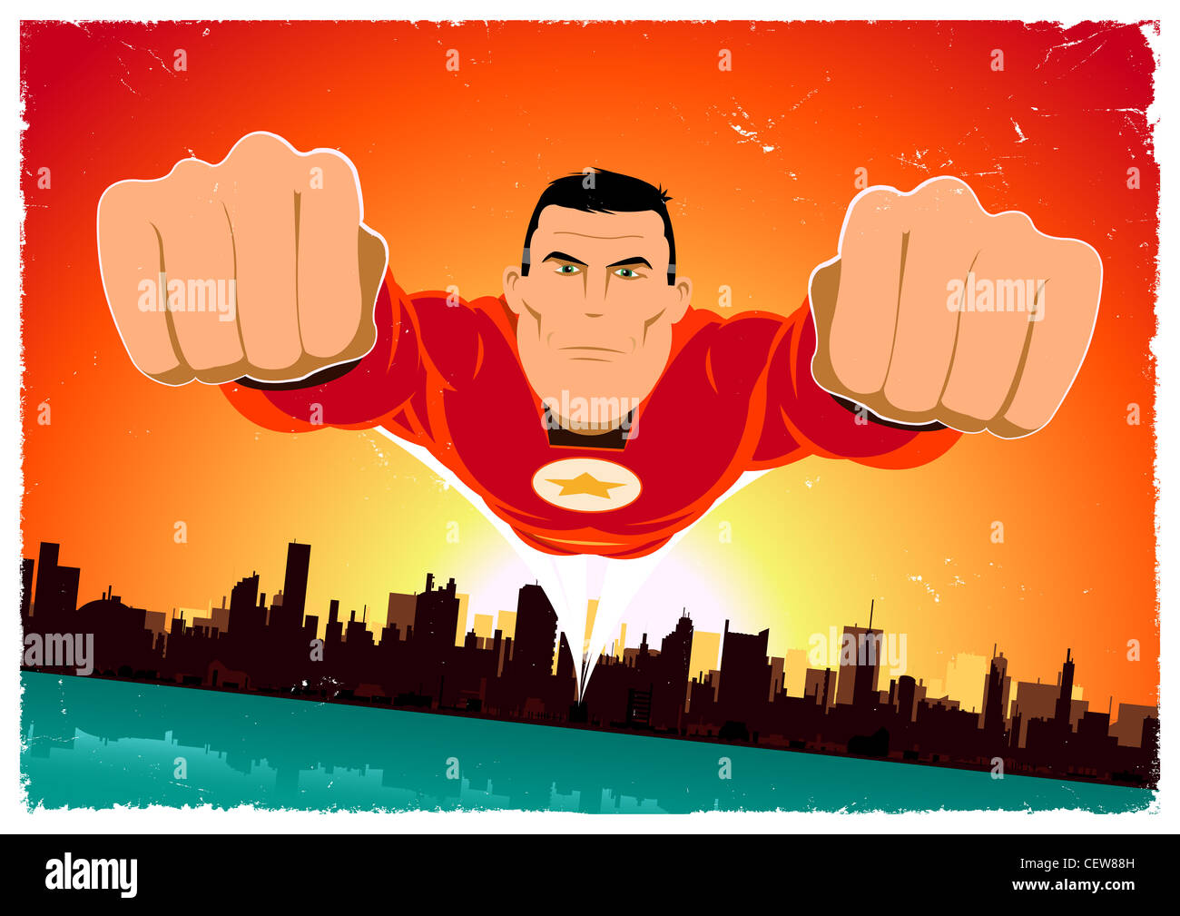 Illustration of a super hero flying over the city Stock Photo - Alamy