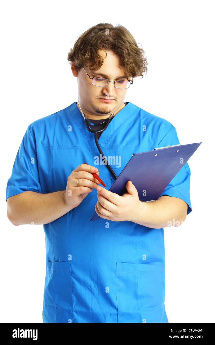 Doctor with notepad isolated over the white background Stock Photo - Alamy