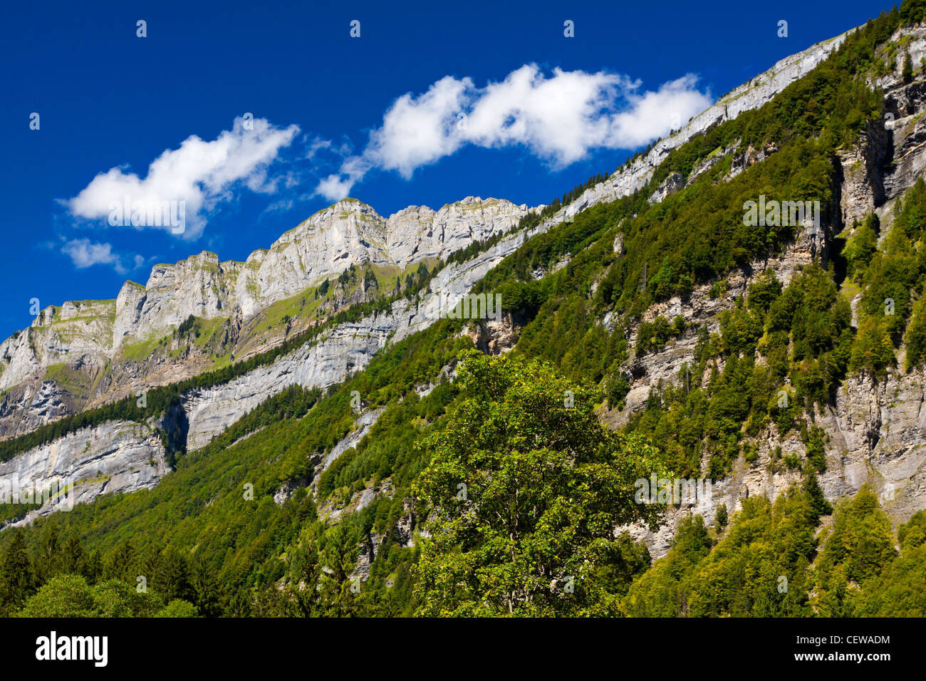 Limestone mountain cliffs at Sixt Fer a Cheval near Samoens in the ...