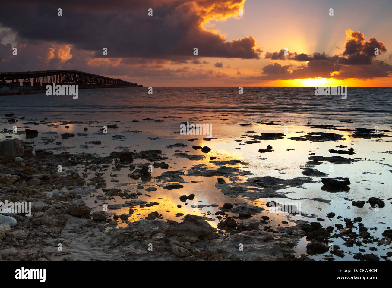 Dawn sunlight and old bridge at Spanish Key, Florida, USA Stock Photo ...