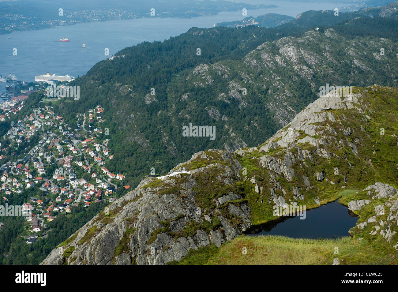 A view looking down on the city of Bergen, Norway from the top of Mount ...