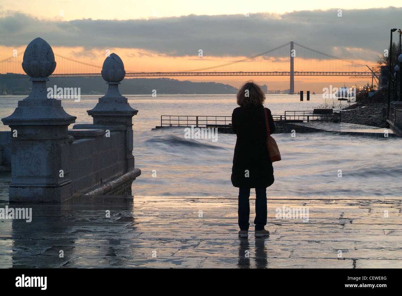 Twin columns on the Tagus River opposite Praca do Comercio, Lisbon ...