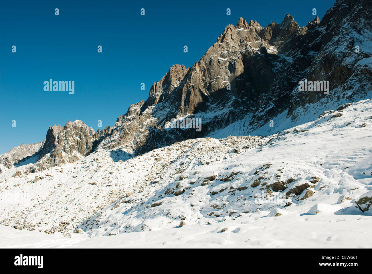 Snowy mountain peaks against clear sky Stock Photo - Alamy