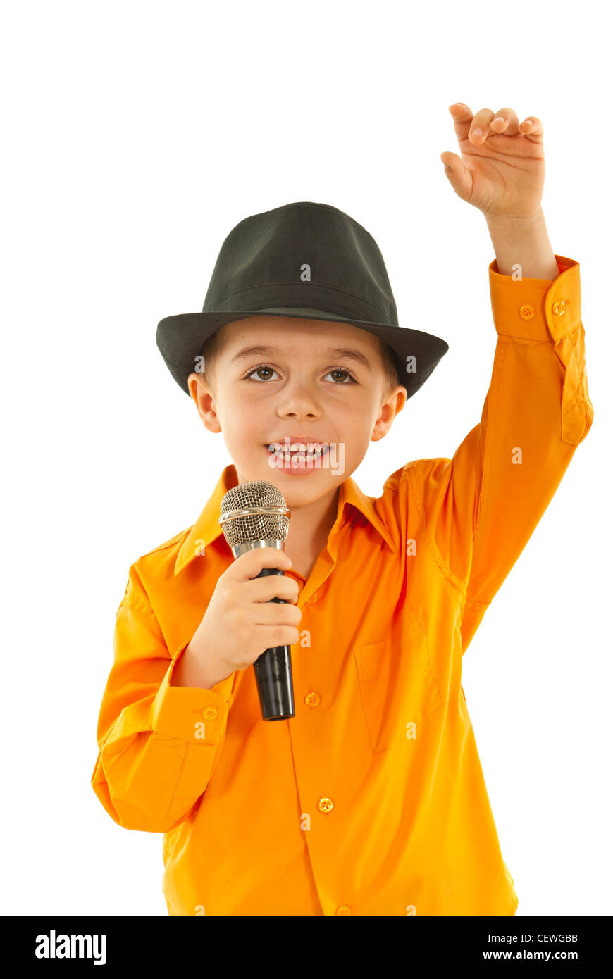 Little singer welcomes public isolated on white background Stock Photo ...