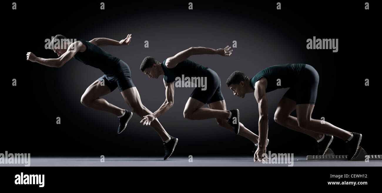 Sequence of male athlete running from starting line Stock Photo - Alamy