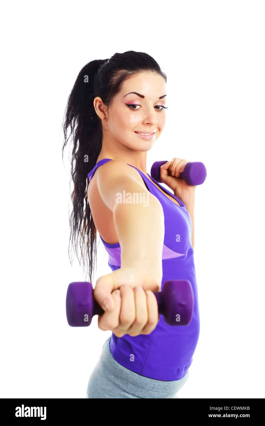 beautiful woman working out with dumbbells, isolated on white ...