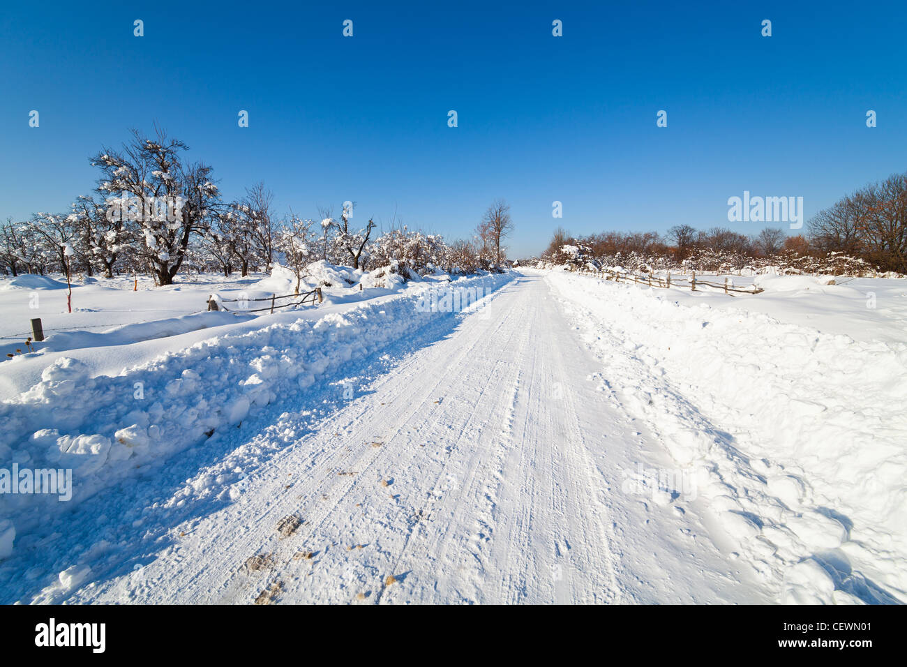Landscape with a snowy road in countryside Stock Photo - Alamy