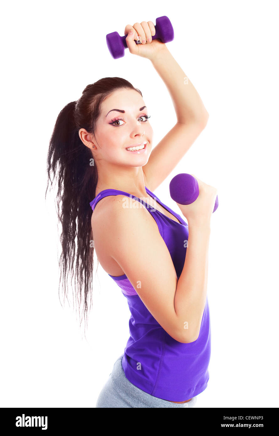 beautiful woman working out with dumbbells, isolated on white ...