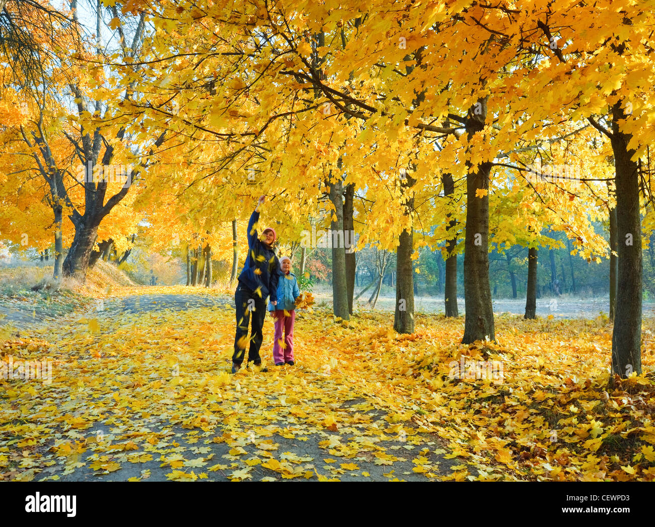 Happy family (mother with daughter) walking in golden maple autumn park ...