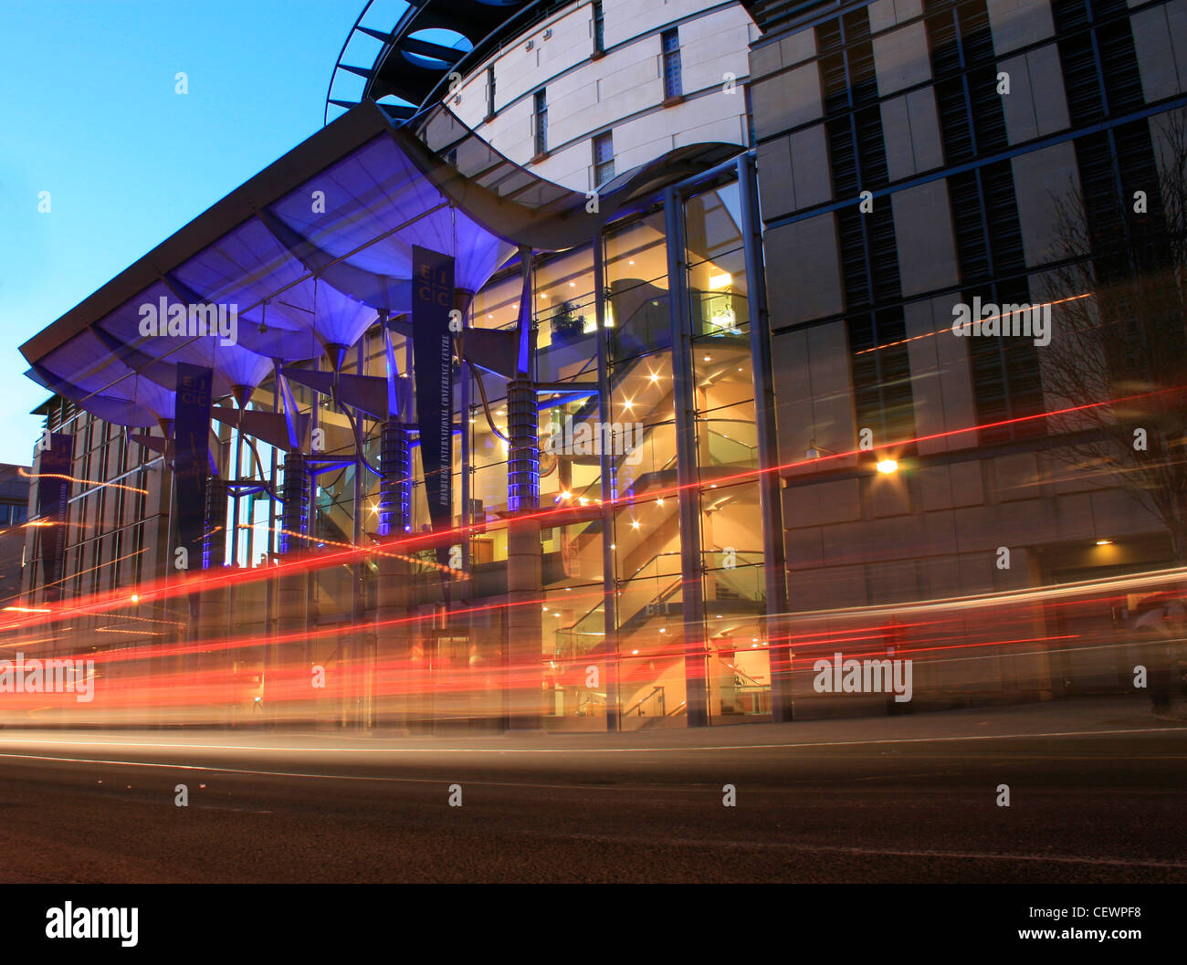 Edinburgh Conference Centre at night. Completed in 1995, the architect ...