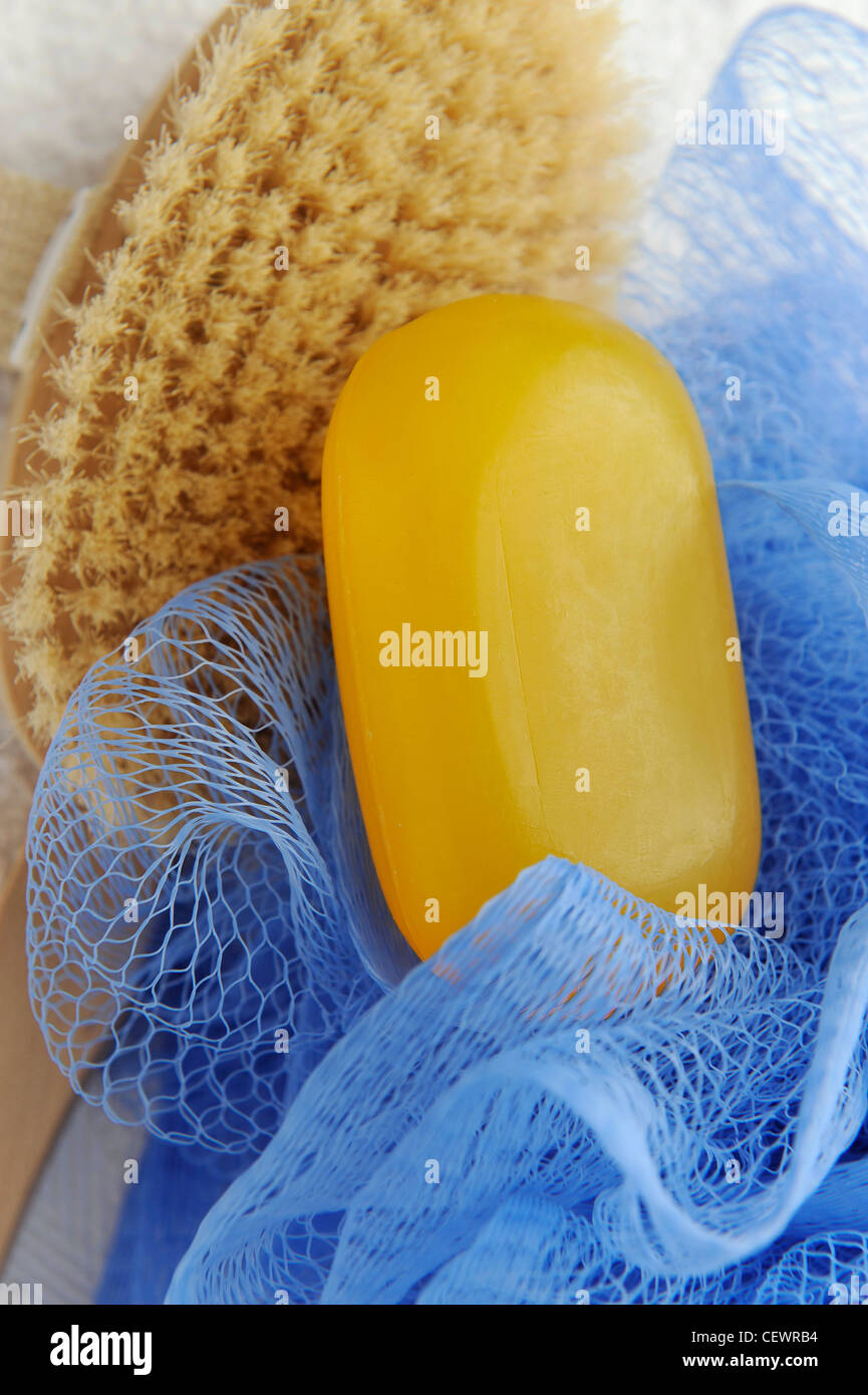 A yellow bar of soap, on a blue nylon mesh shower puff, with a back ...