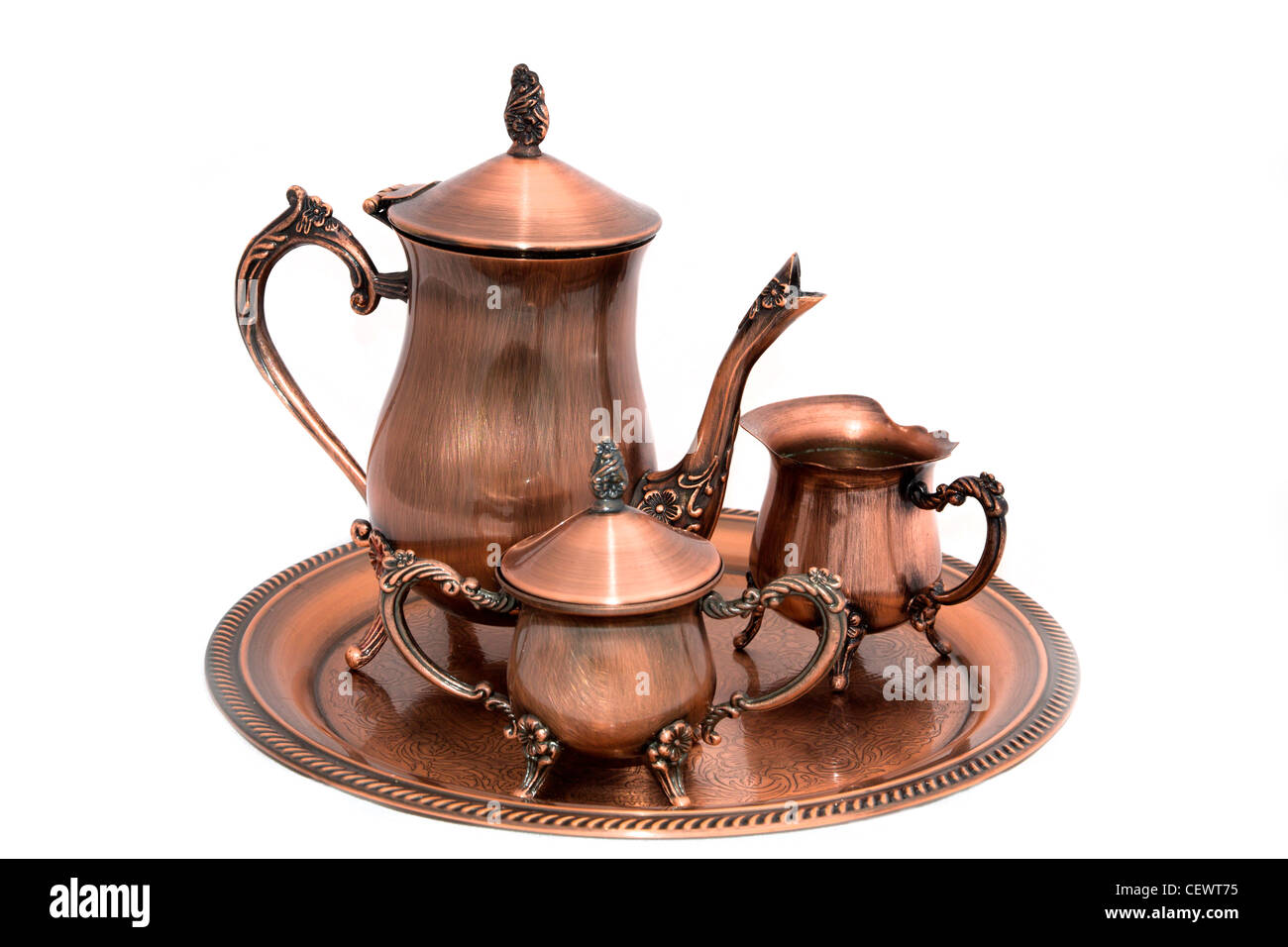 Evening with coffee. Copper coffee set. Retro style Stock Photo - Alamy