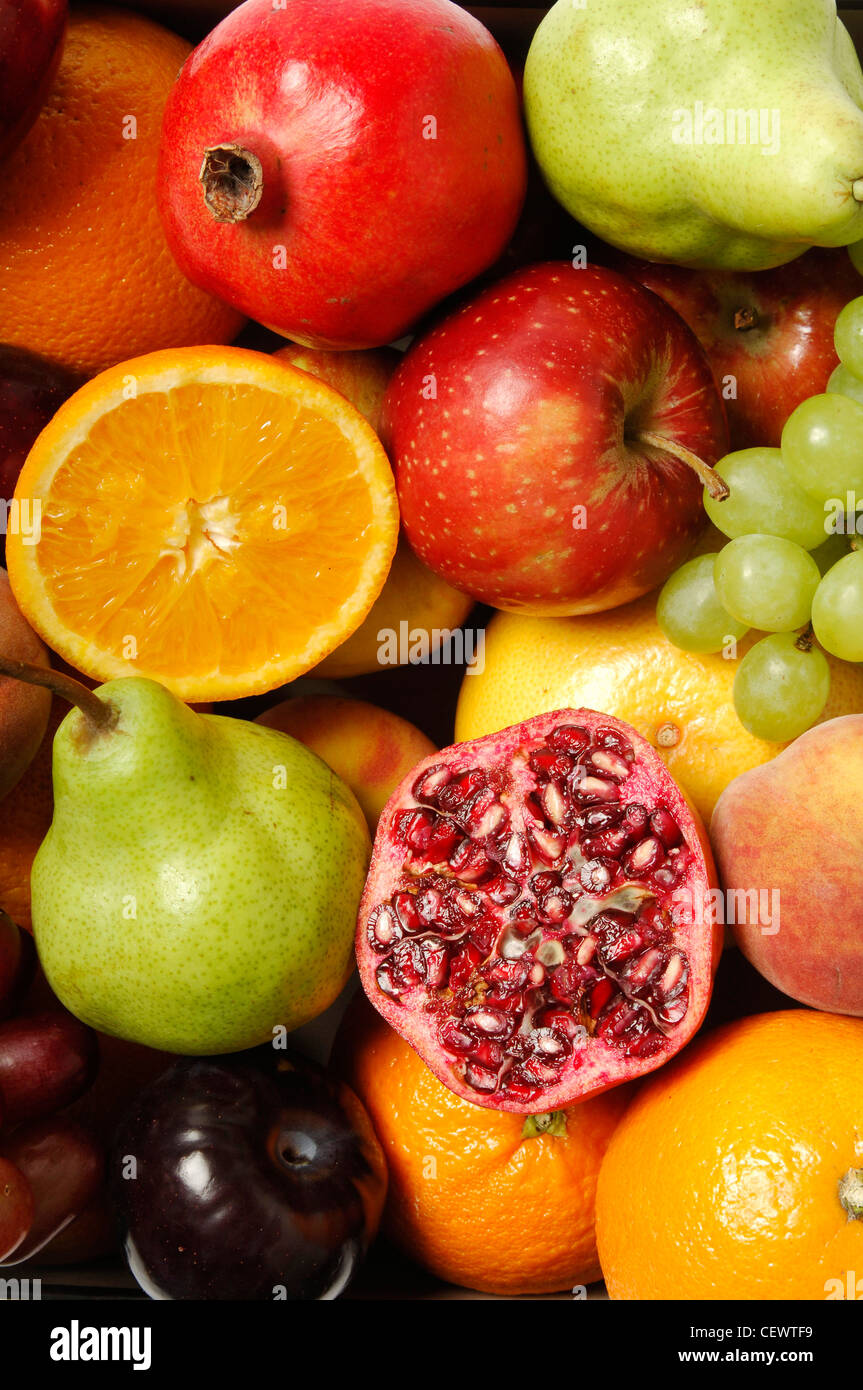 Pomegranate, pears, oranges, grapes, plums, peaches, grapefruit, apples ...