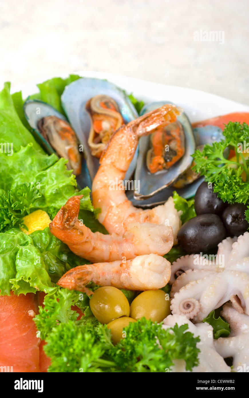 appetizer closeup of different seafood and vegetables Stock Photo - Alamy