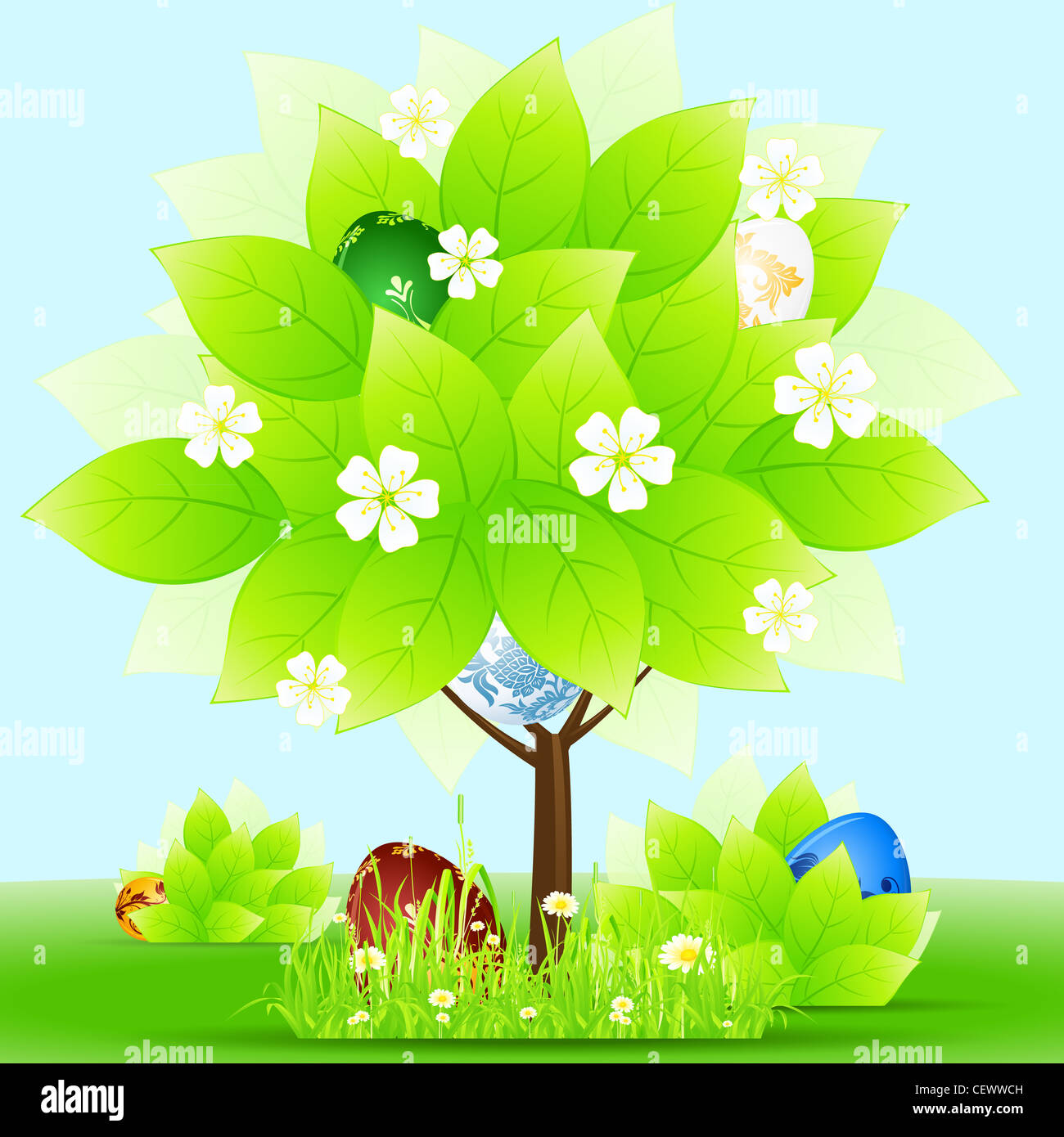 Easter Greeting Card with tree grass flowers and eggs Stock Photo - Alamy
