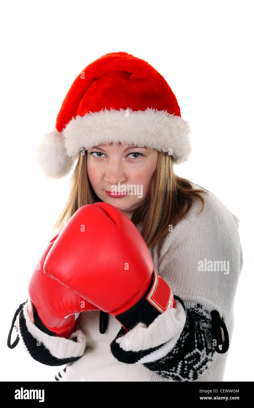 Young women in santa's hat with boxing gloves Stock Photo - Alamy