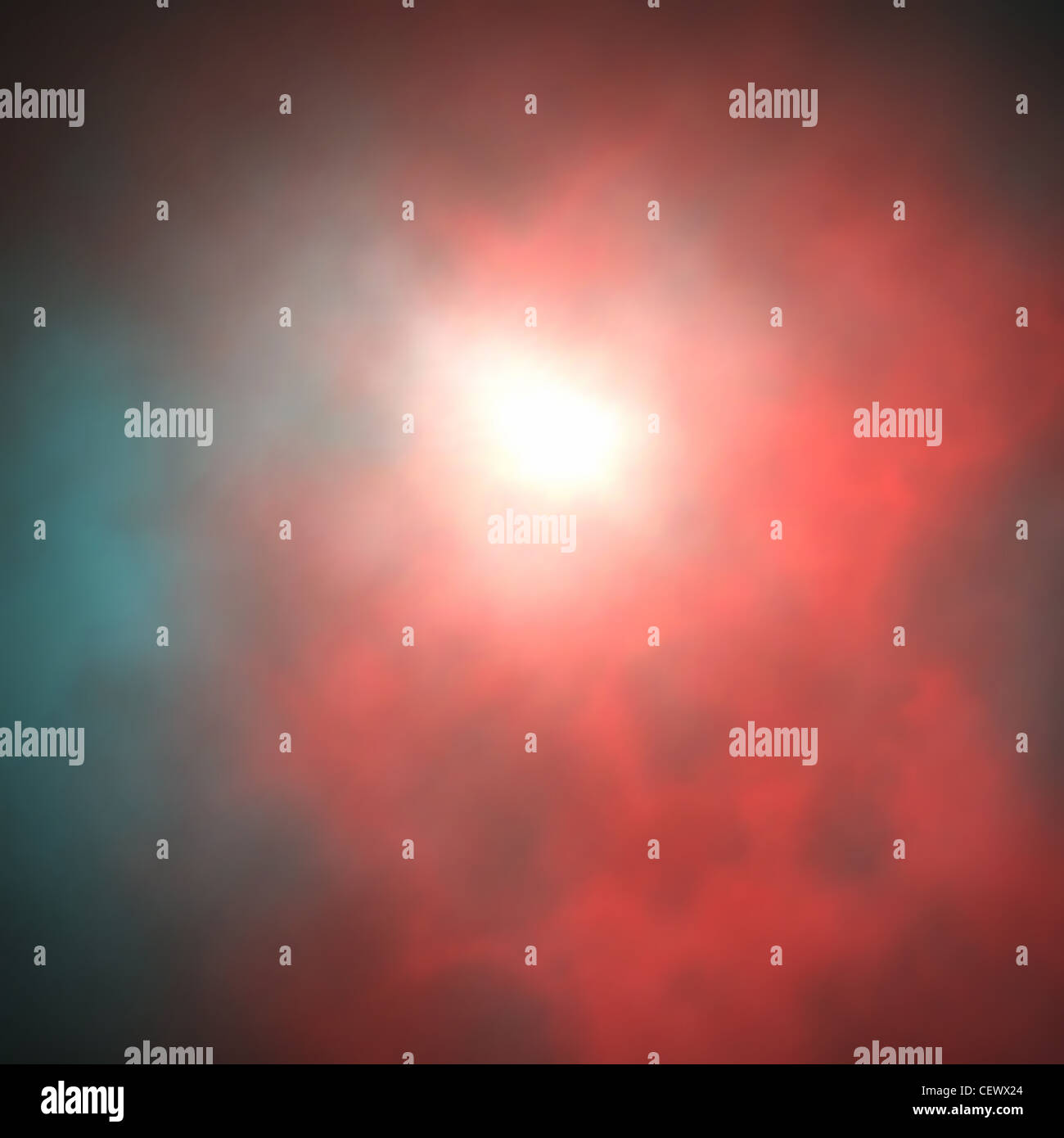Illustrated background of a light or sun shining through red smoke or ...