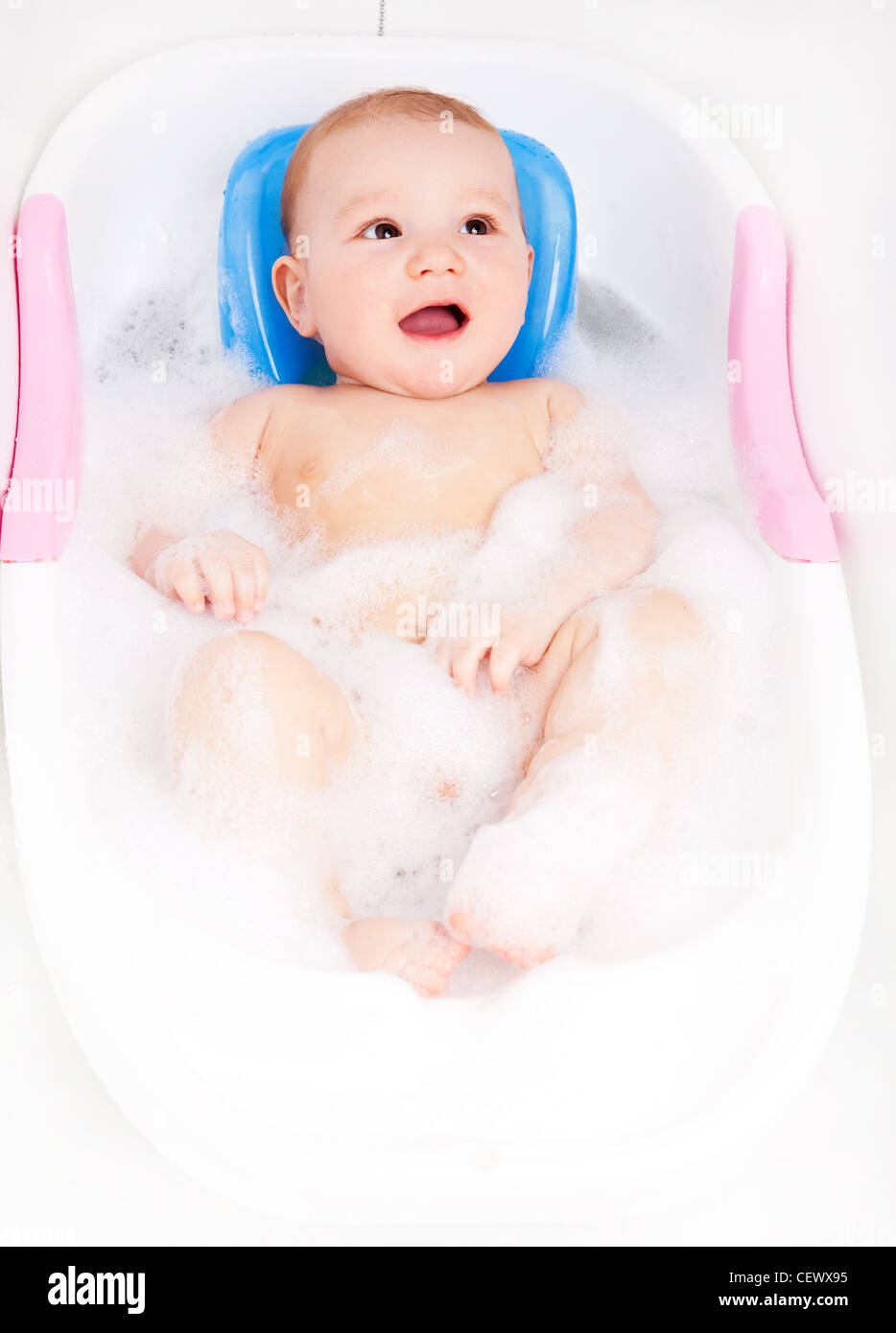 happy baby taking a bath with foam Stock Photo - Alamy