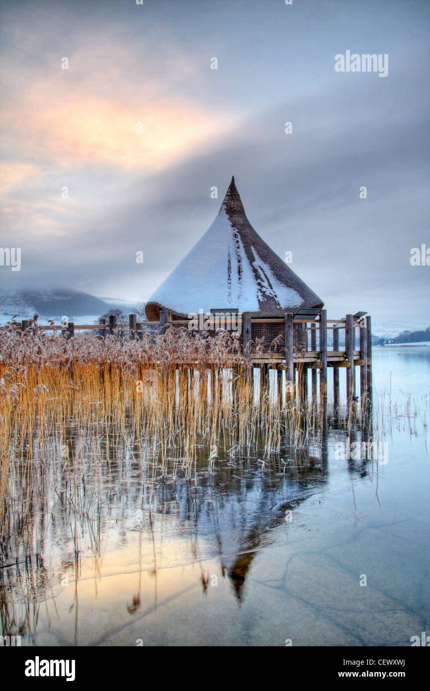 Reconstructed Crannog at LLangorse Lake Stock Photo - Alamy