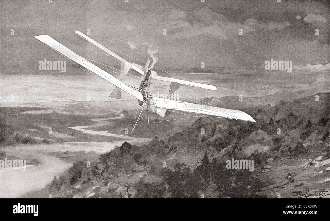 The Langley Aerodrome flying machine in flight in the 19th century ...