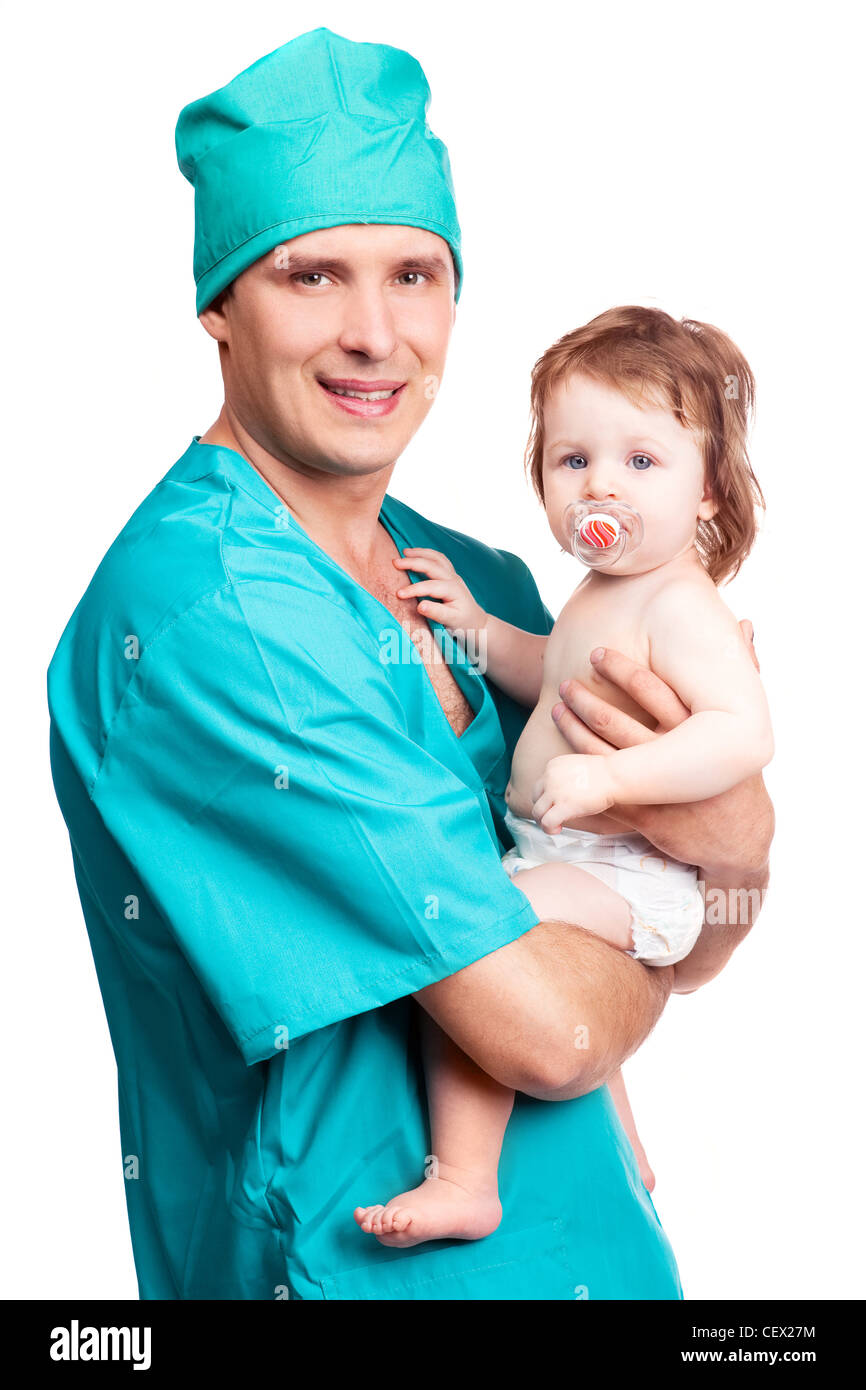 handsome young doctor with a baby isolated on white Stock Photo - Alamy